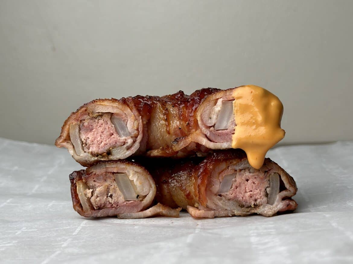 Bacon Wrapped Burger Stuffed Onion Rings - Burnt Pellet BBQ