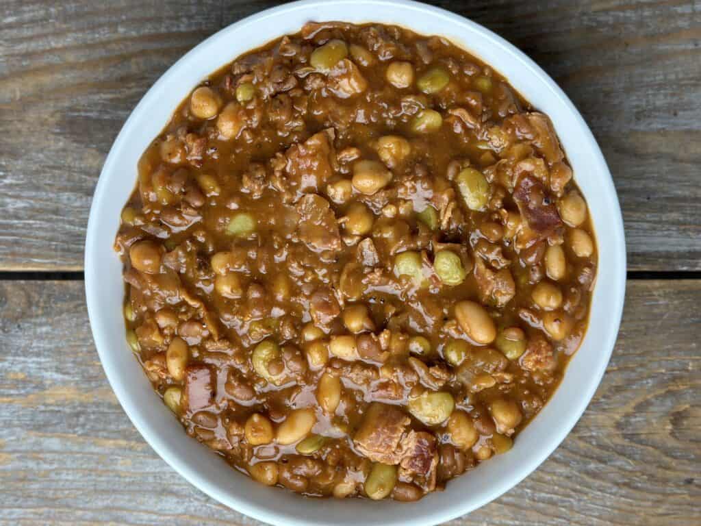 Calico Baked Beans with Bacon and Beef - Burnt Pellet BBQ