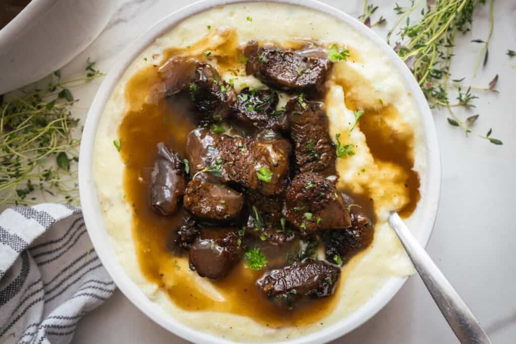 Steak Bites with Mashed Potatoes - Burnt Pellet BBQ